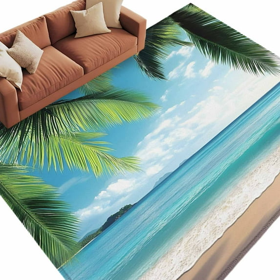 Coconut Tree Area Rug 5x8ft Beach Blue Sky Sea Non-Slip Washable Square ...