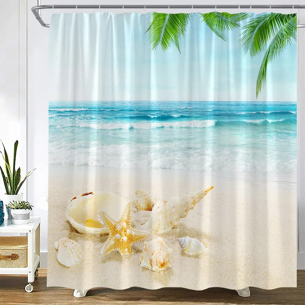Coconut Tree Beach Shower Curtains Ocean Sea Waves Dolphin Bird Summer ...