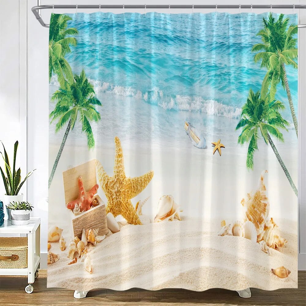 Coconut Tree Beach Shower Curtains Ocean Sea Waves Dolphin Bird Summer ...