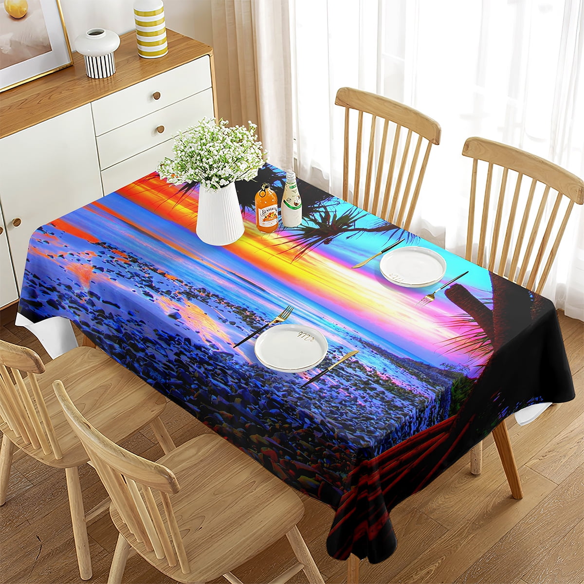 Coconut Tree Beach Sunset Print Tablecloth Washable Table Cloth ...