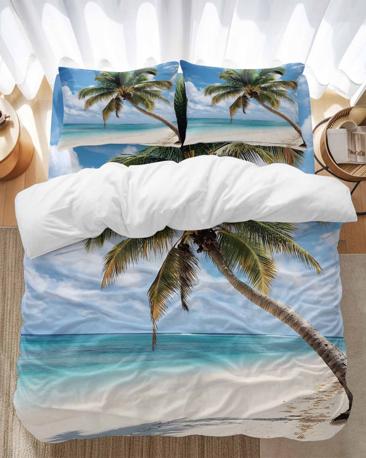 Coconut Tree Bedding Duvet Cover Set Queen Size 4 Pieces Ocean Beach ...