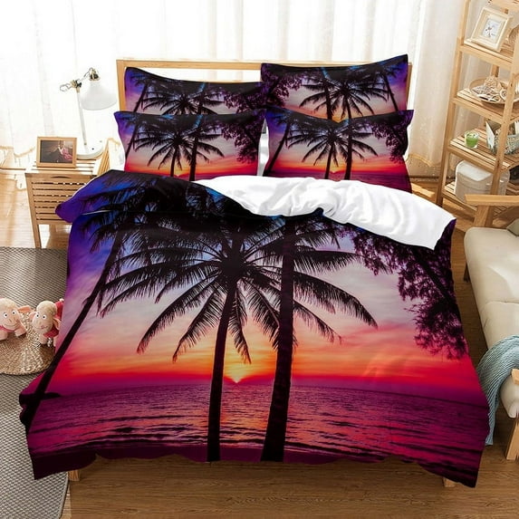Coconut Tree Bedding Set Seaside Sunset Duvet Cover Set Double Bed ...