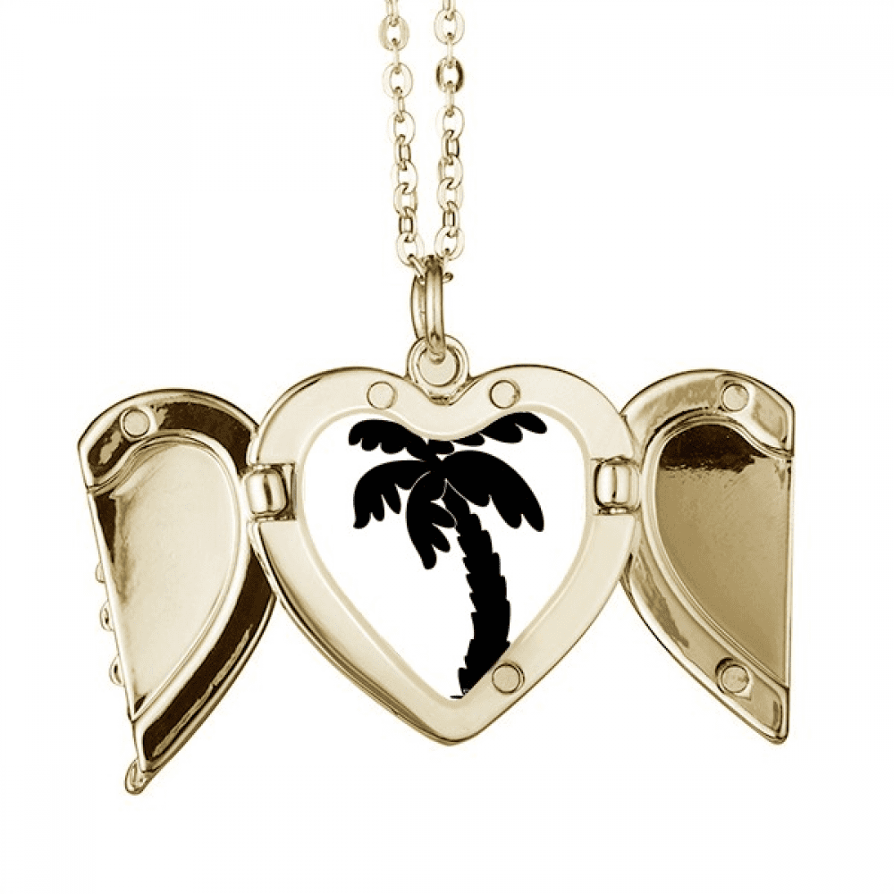 Coconut Tree Black Outline Folded Wings Peach Heart Pendant Necklace ...
