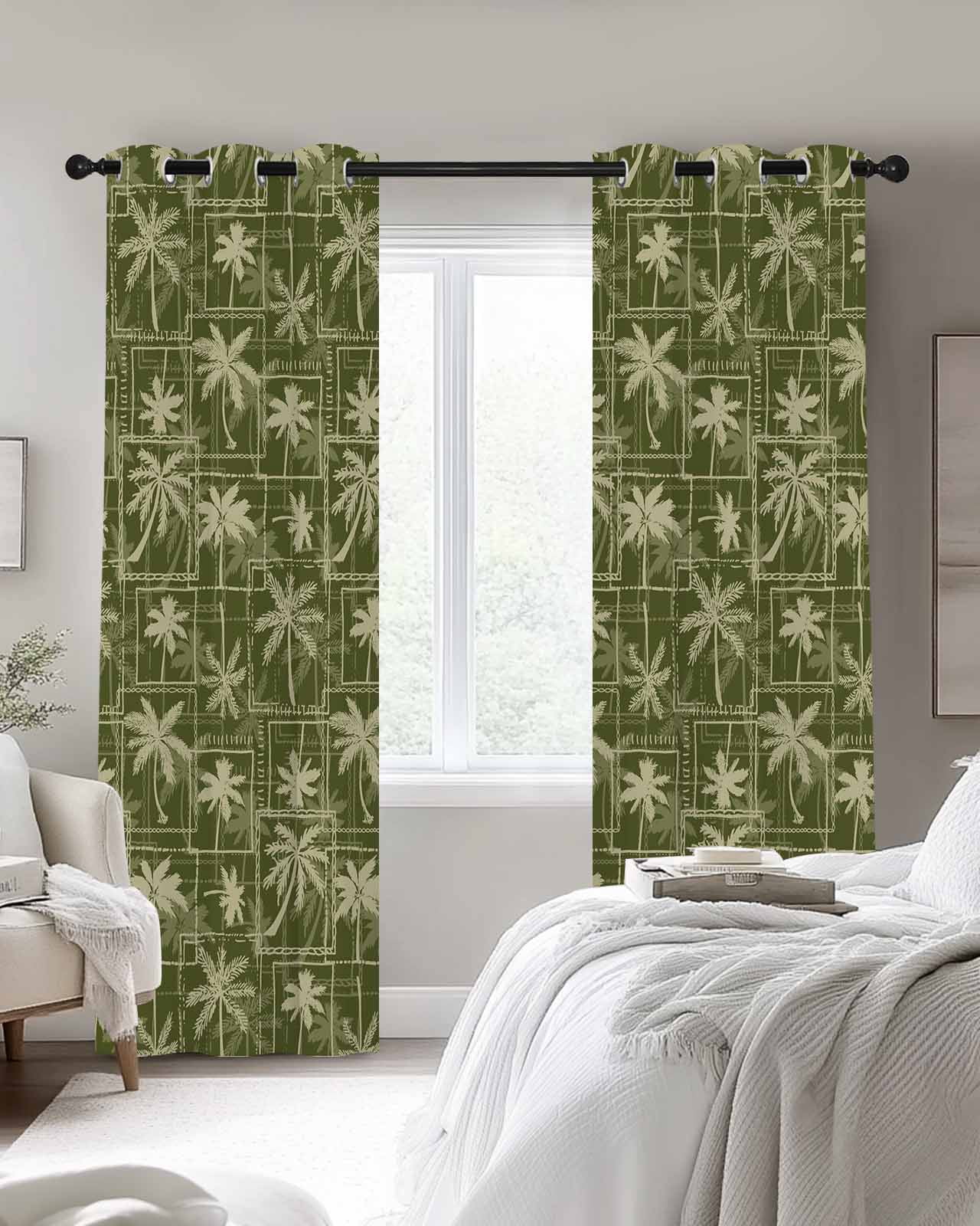 Coconut Tree Blackout Curtains 2 Panels Tropical Plant Summer Grid ...