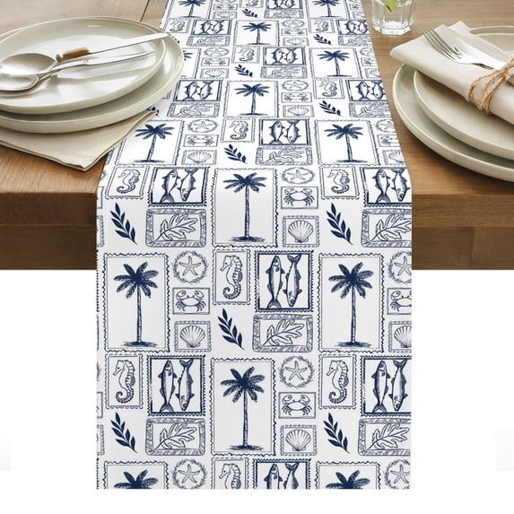 Coconut Tree Cotton Linen Table Runner Summer Shell Fish Sea Star Plaid ...
