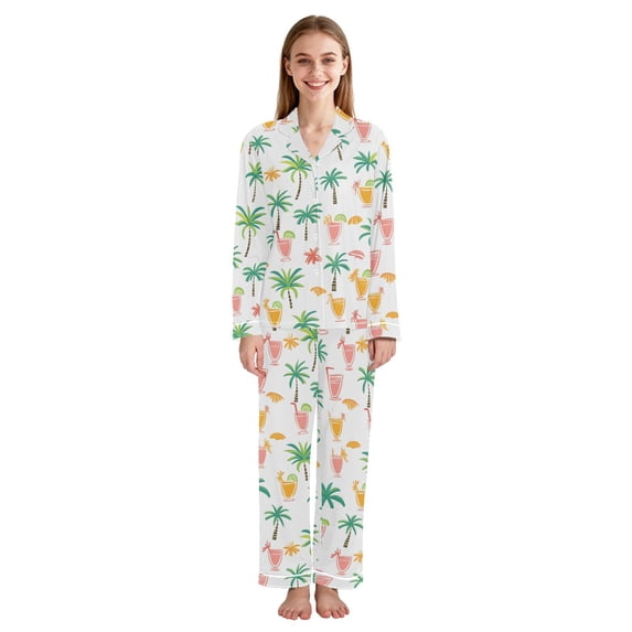 Coconut Tree Drink Pattern Women Pajama Set Soft Notch Collar Button ...