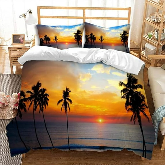 Coconut Tree Duvet Cover Sets 3Pcs Golden Sunset Sea Island Coconut ...