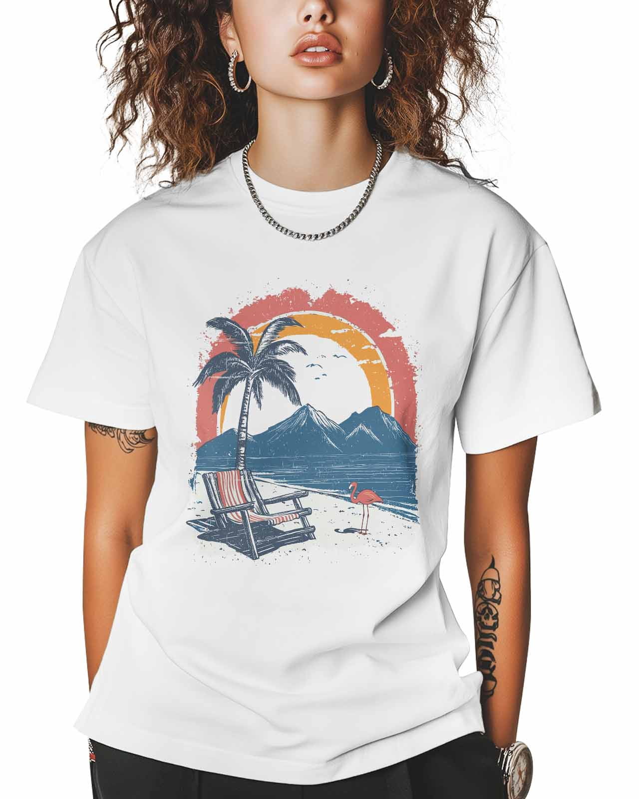 Coconut Tree Flamingos T Shirts for Women Short Sleeve Cotton Crewneck ...