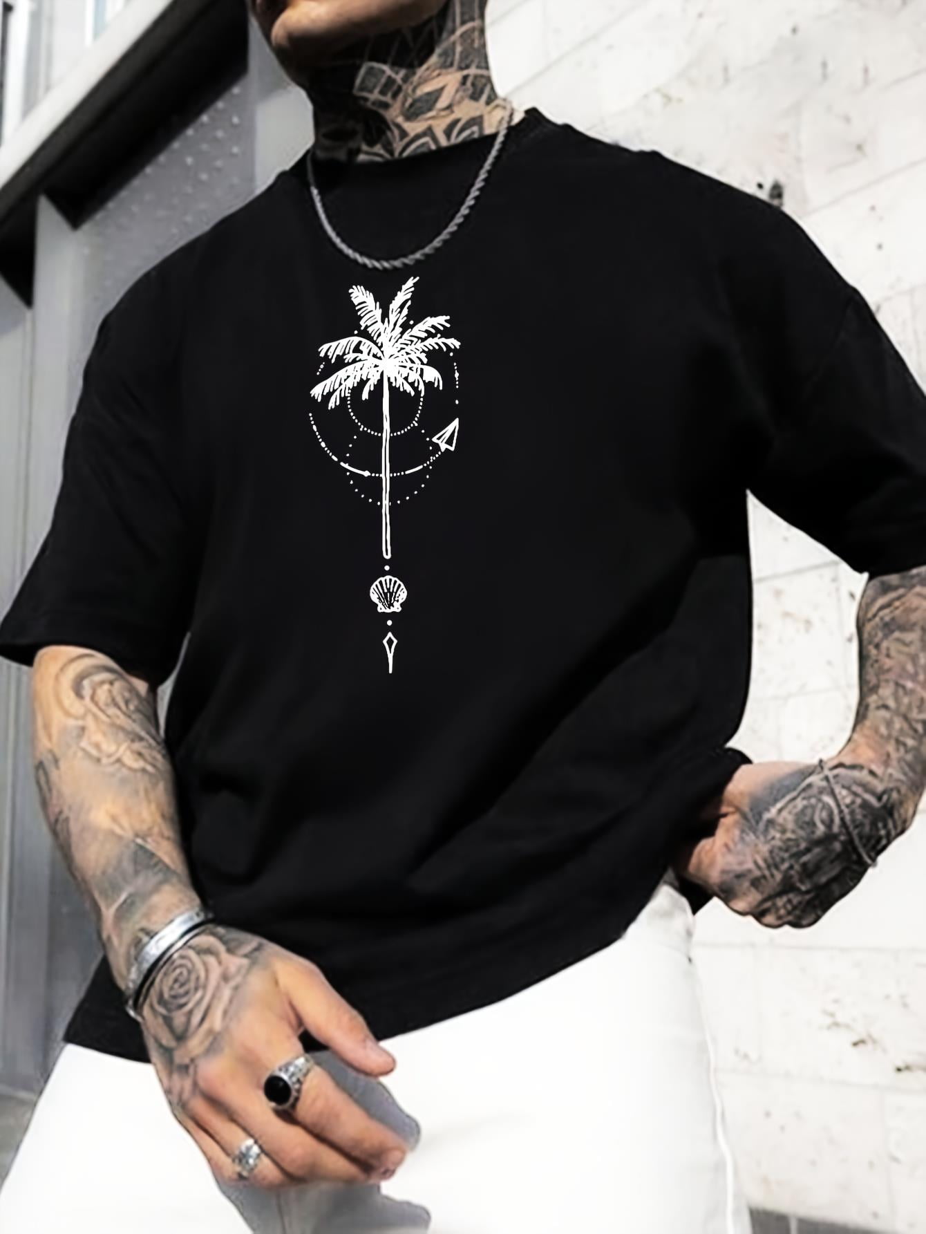 Coconut Tree Graphic Print Men's Crew Neck Short Sleeve Tees, Summer ...