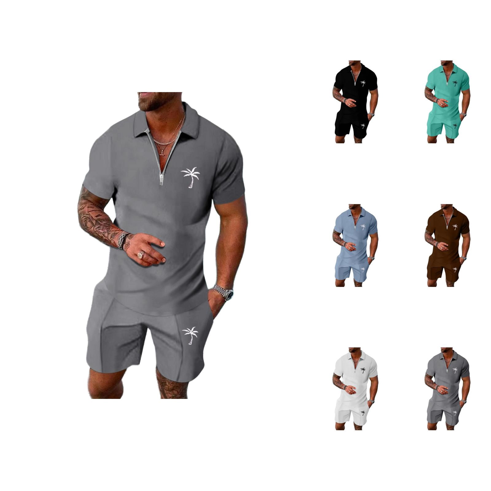 Coconut Tree Graphic Short Sets for Men Short Sleeve Quarter Zip Polo ...