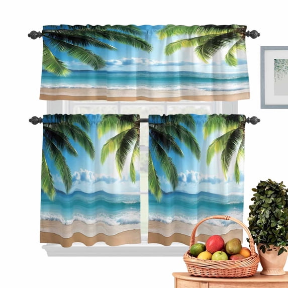 Coconut Tree Kitchen Curtains Valances 3 Piece Set, Beach Blue Sky Sea ...