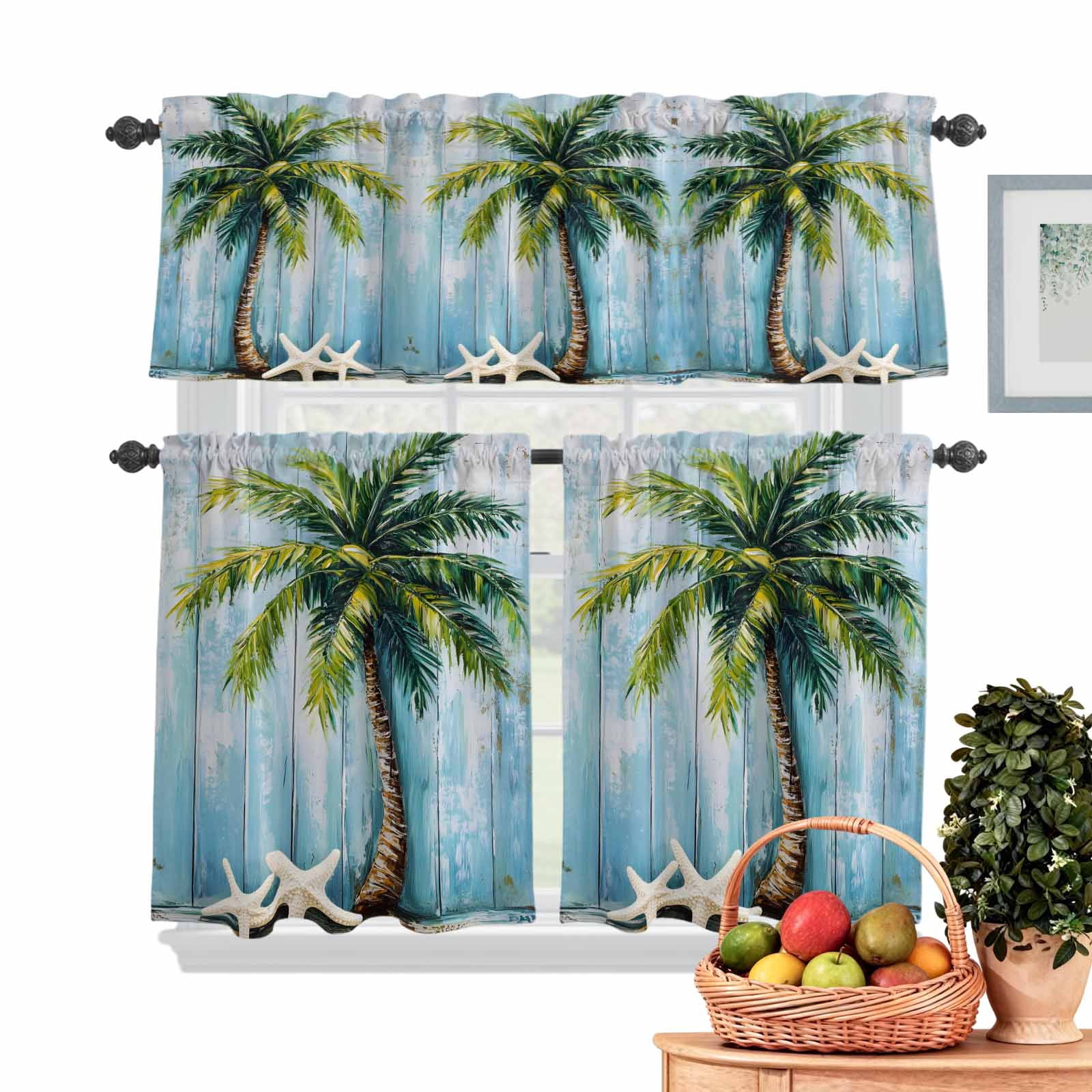 Coconut Tree Kitchen Curtains Valances 3 Piece Set, Nautical Blue Wood ...