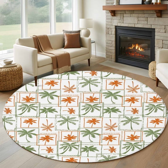 Coconut Tree Large Round Rug 8Ft Tropical Plant Summer Grid Green ...