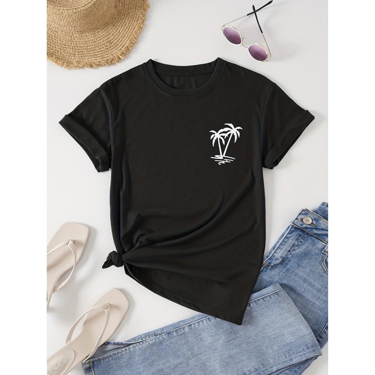 Coconut Tree Print Crew Neck T-Shirt, Casual Short Sleeve T-Shirt For ...