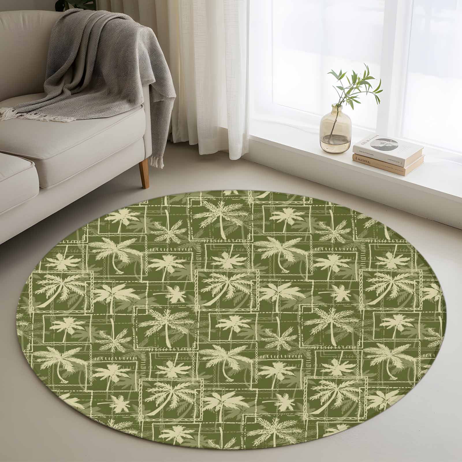 Coconut Tree Round Rugs for Living Room 3ft Tropical Plant Summer Grid ...