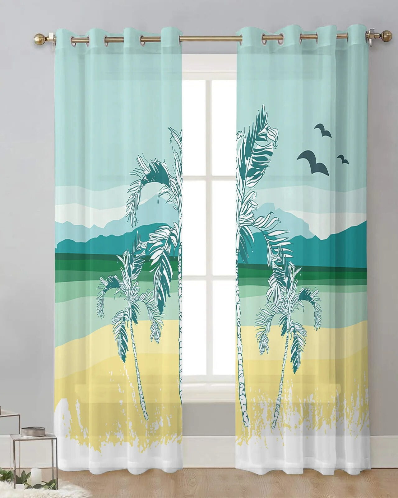 Coconut Tree Seaside Seagull Modern Tulle Curtains Living Room Voile ...