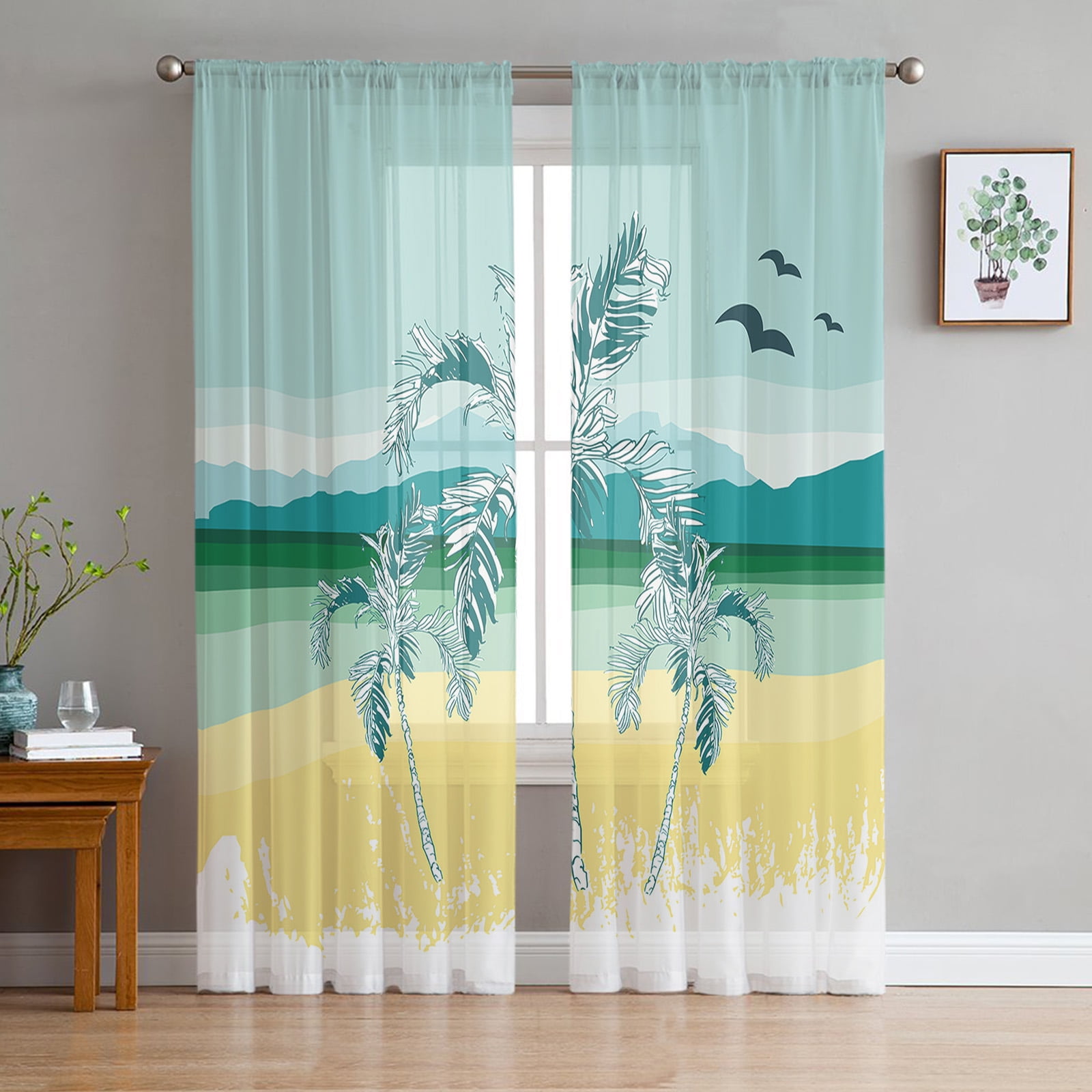 Coconut Tree Seaside Seagull Voile Sheer Curtains For Living Room ...