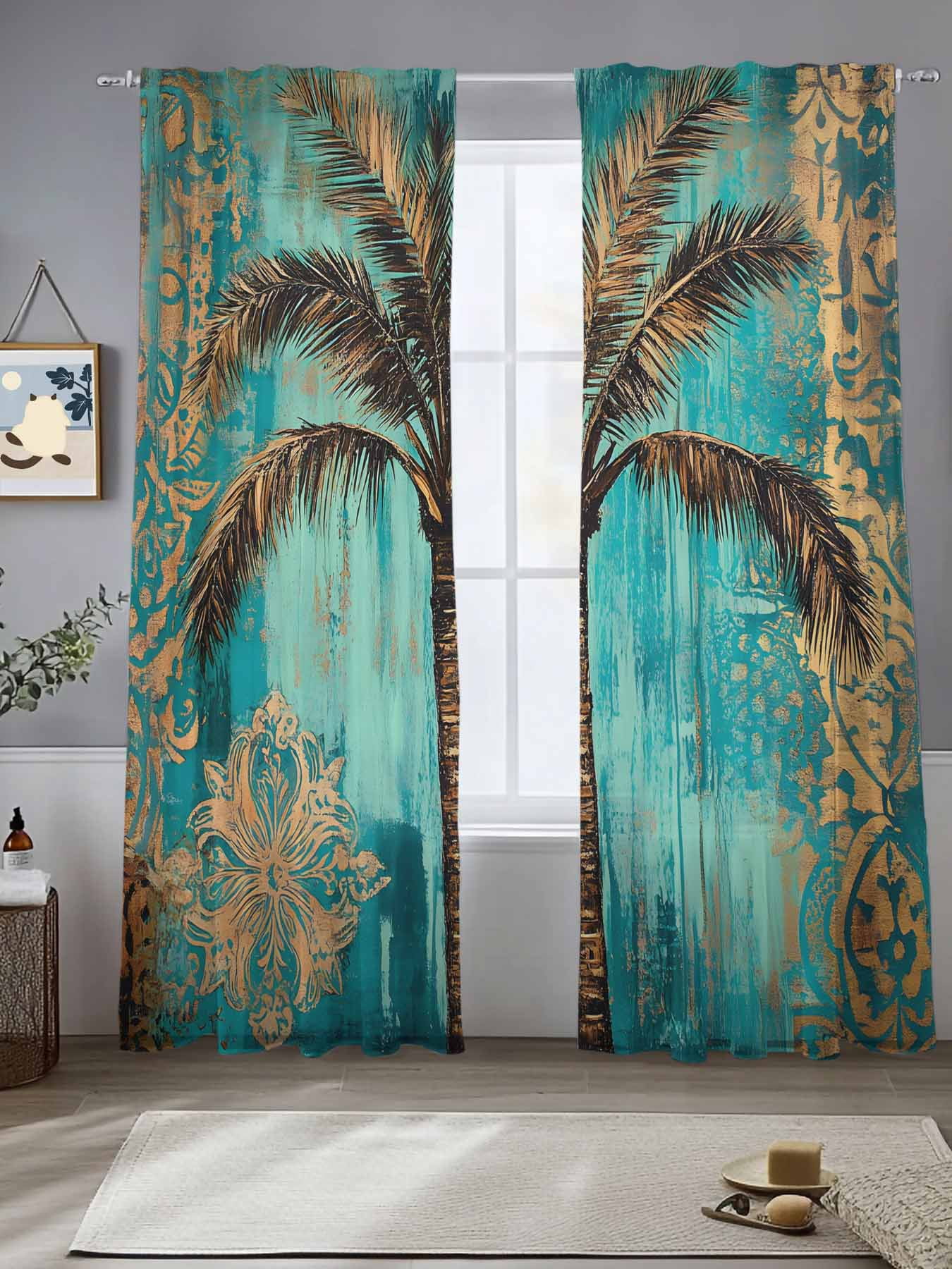 Coconut Tree Sheer Curtains 108 Inches Long 2 Panels Tropical Plant ...