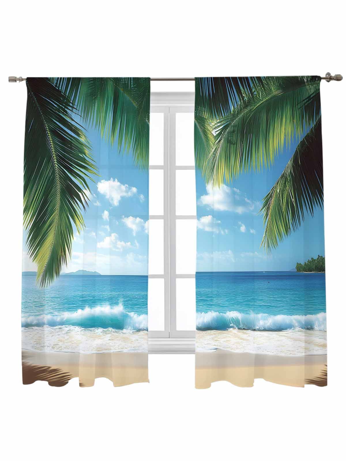 Coconut Tree Sheer Curtains 2 Panels Set Beach Blue Sky Sea Summer ...