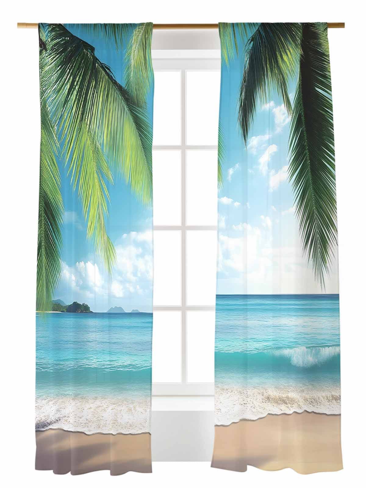 Coconut Tree Sheer Curtains 2 Panels Set Beach Blue Sky Sea Summer ...