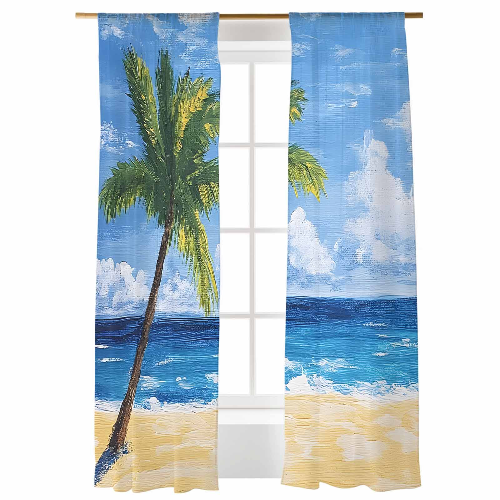 Coconut Tree Sheer Curtains 2 Panels Set, Summer Beach Window Sheer ...