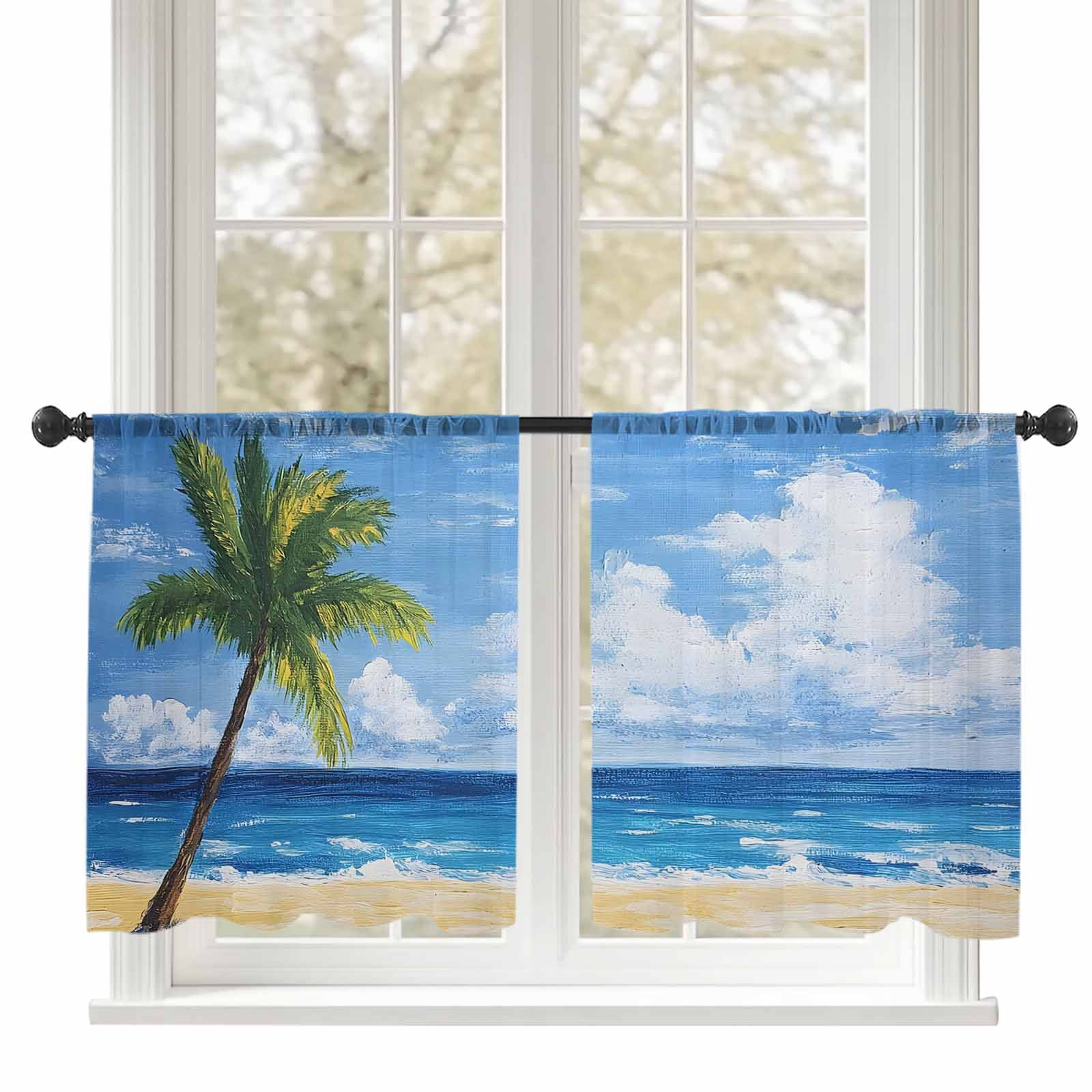 Coconut Tree Sheer Curtains 2 Panels Set, Summer Beach Window Sheer ...