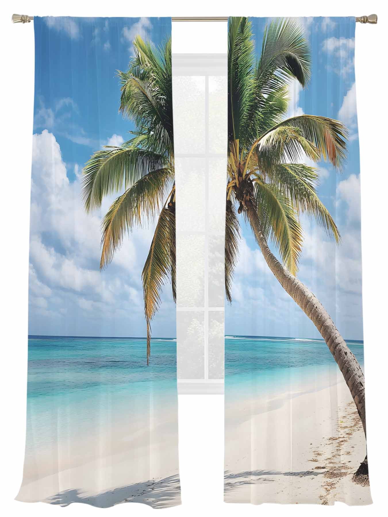 Coconut Tree Sheer Curtains 84 Inch Long 2 Panels, Ocean Beach Blue Sky ...
