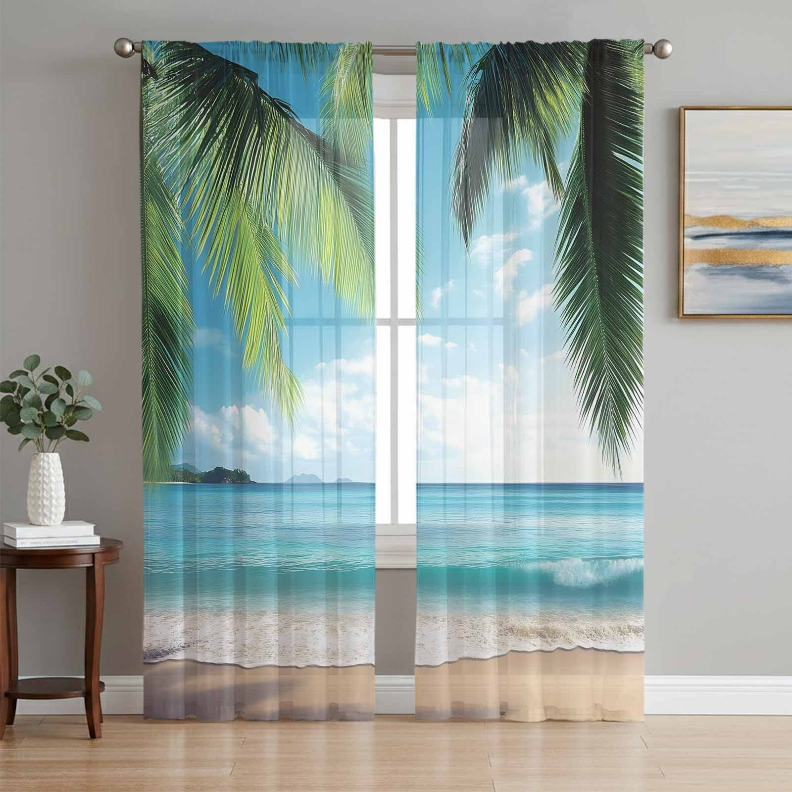 Coconut Tree Sheer Curtains for Living Room Bedroom, Beach Blue Sky Sea ...
