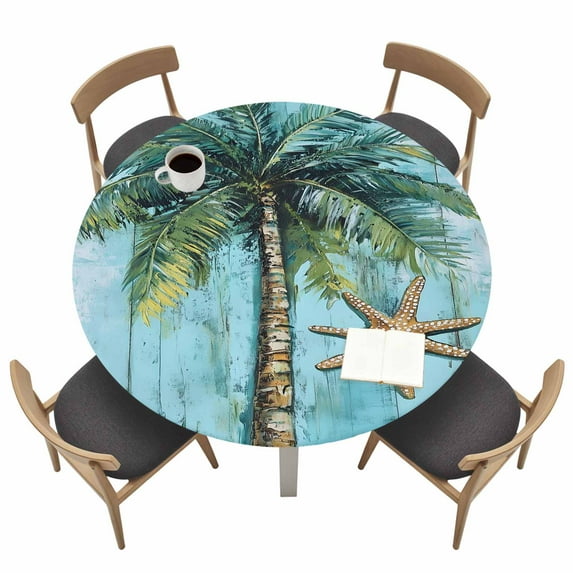 Coconut Tree Starfish Round Fitted Tablecloth with Elastic Edge Vintage ...