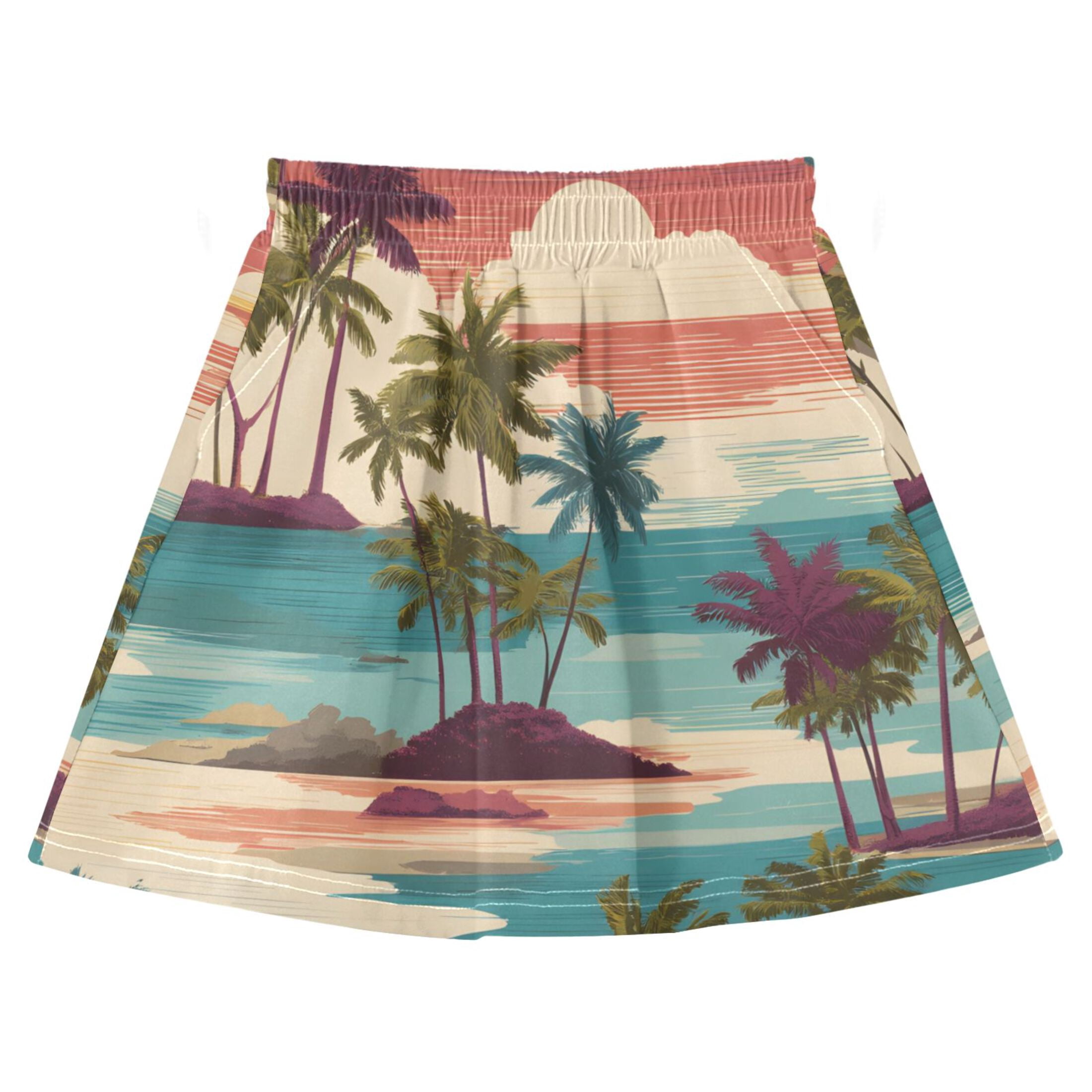 Coconut Tree Sun Pattern Cotton Skirt Built-in Liner Elastic A-Line ...