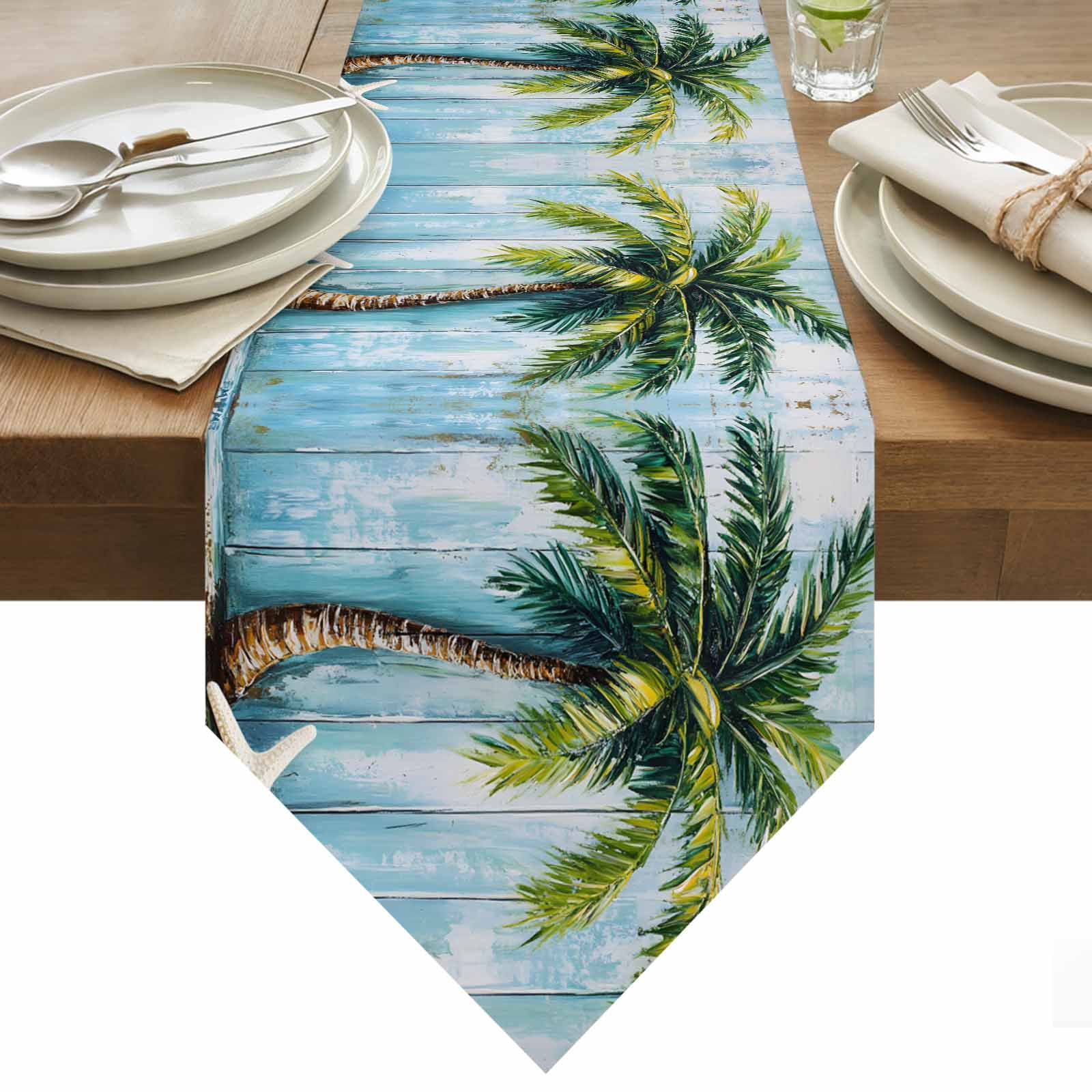 Coconut Tree Table Runner 72 Inches Long Nautical Blue Wood Grain ...