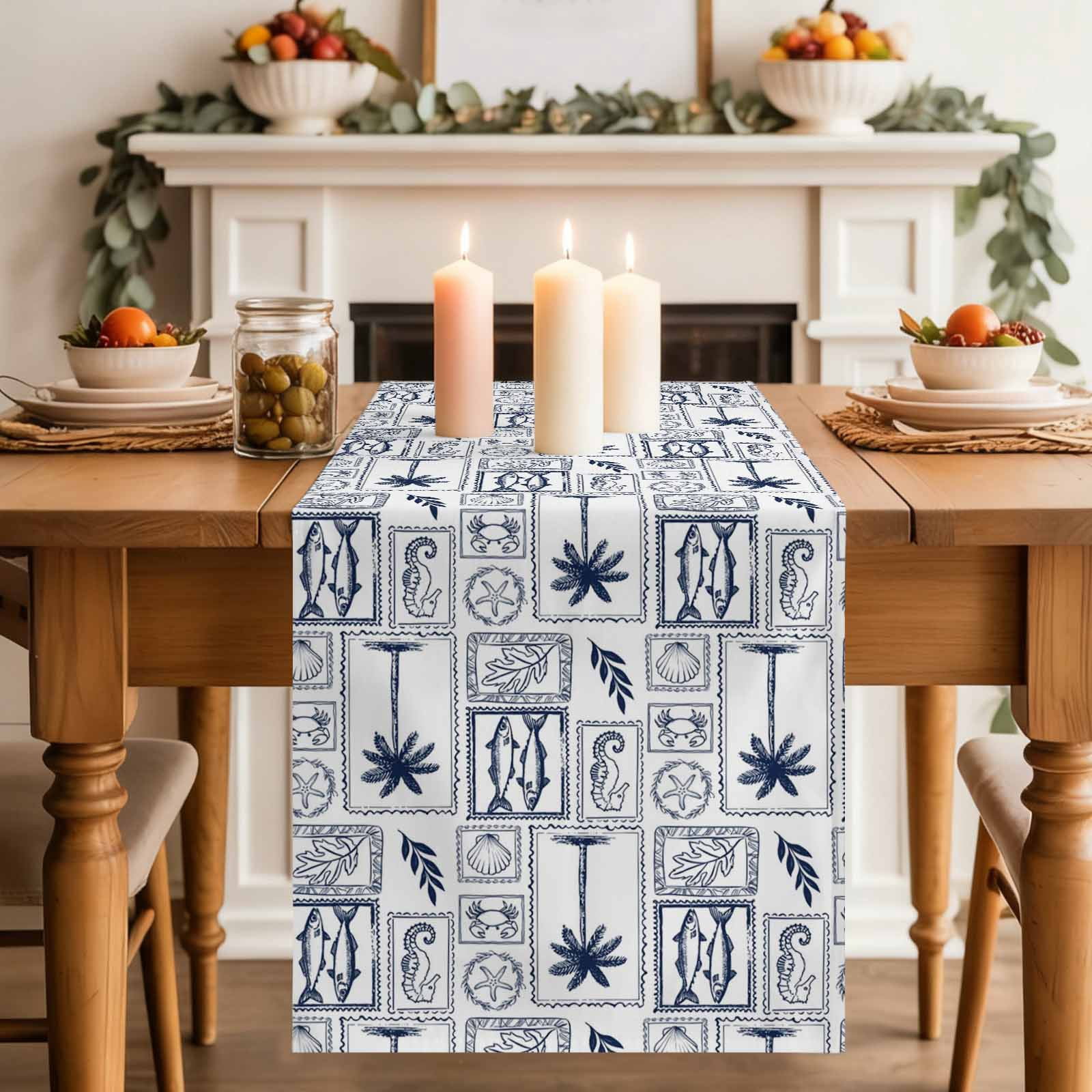 Coconut Tree Table Runner, Summer Shell Fish Sea Star Plaid Cotton ...