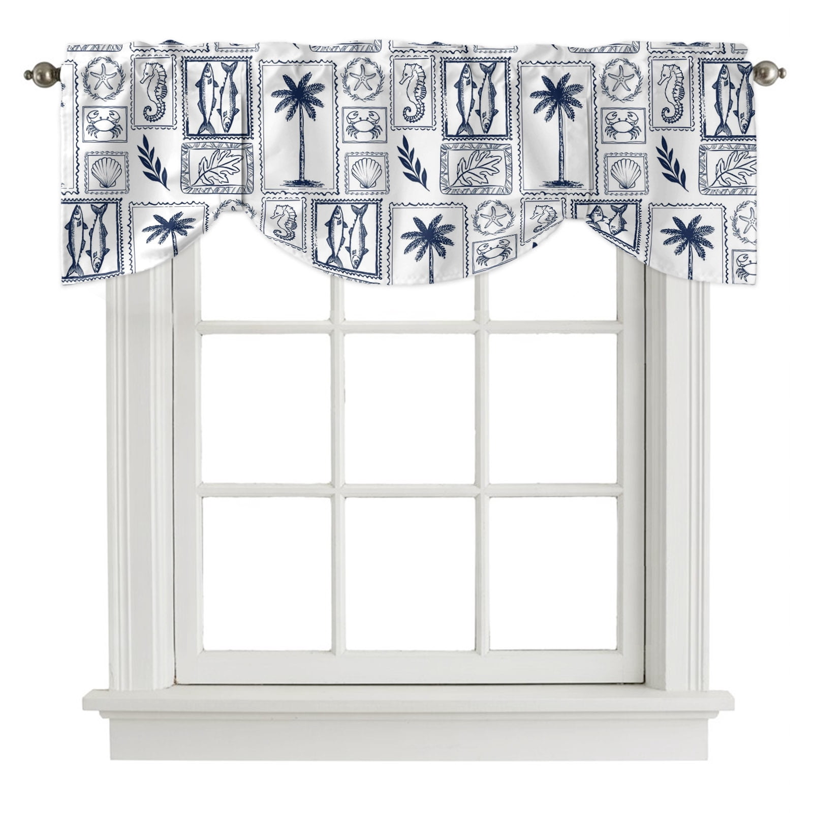 Coconut Tree Tie Up Valance Curtains Summer Shell Fish Sea Star Plaid ...