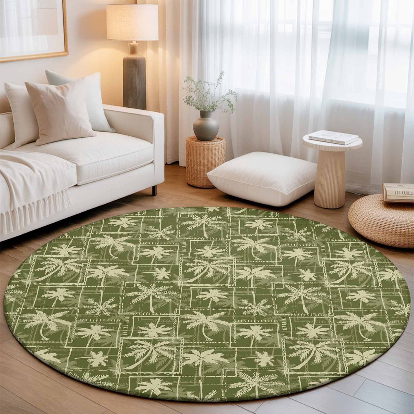 Coconut Tree Washable Round Area Rug 6 ft, Tropical Plant Summer Grid ...