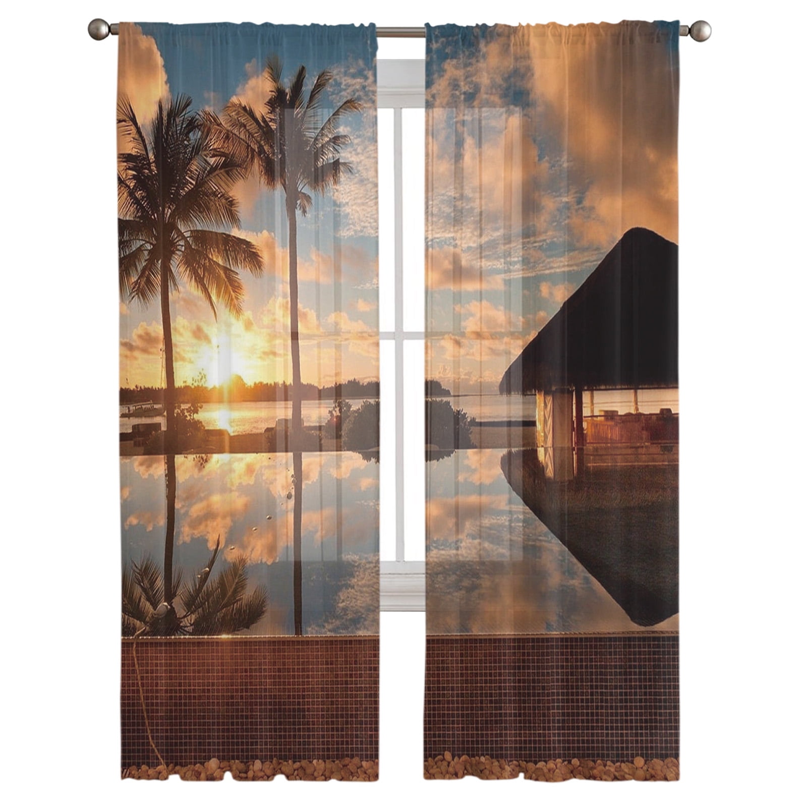Coconut Tree Water Surface Scenery Sheer Curtains For Living Room ...