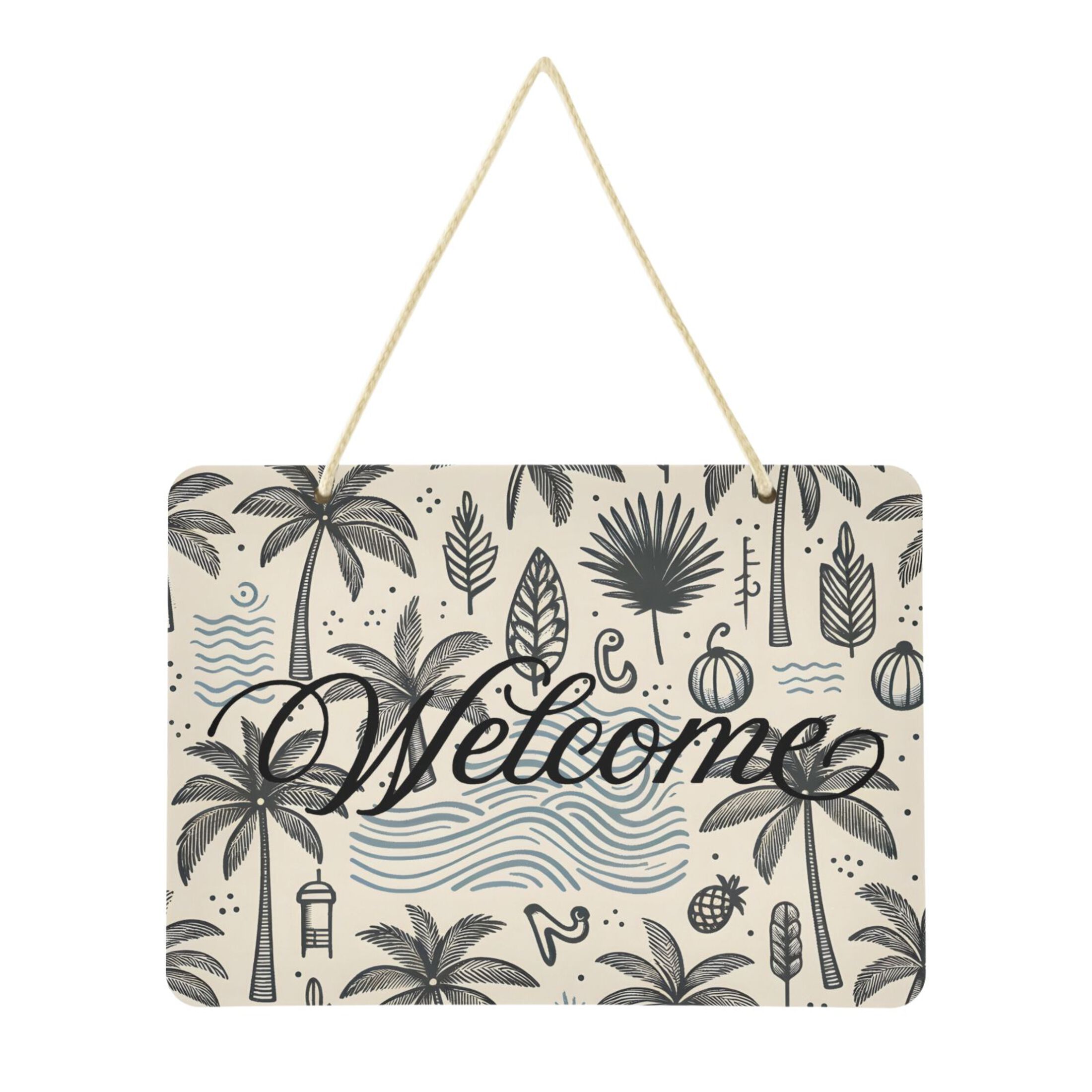 Coconut Tree Wave Leaf Welcome Sign Front Door PVC 14x10 inch Hanger ...