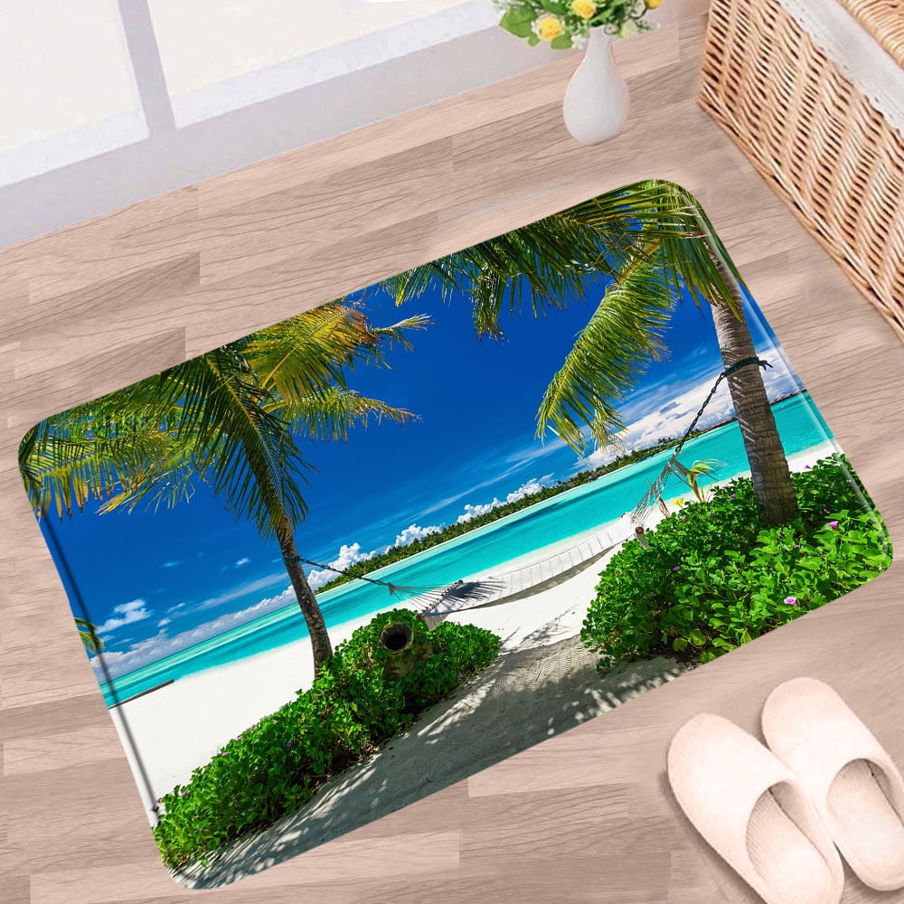 Coconut Trees Beach Bathroom Mat Set Tropical Palm Leaves Island Hawaii ...