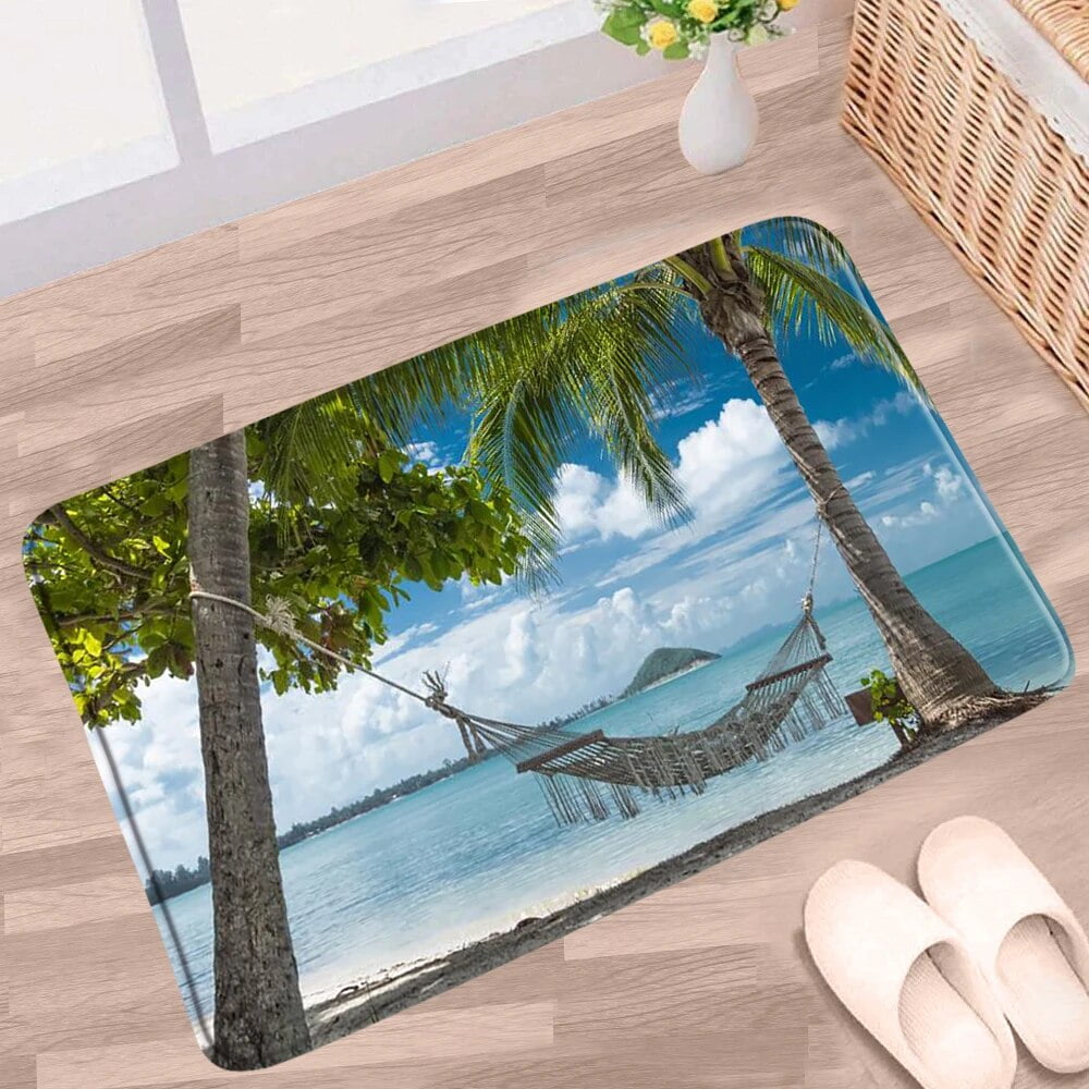 Coconut Trees Beach Bathroom Mat Set Tropical Palm Leaves Island Hawaii ...
