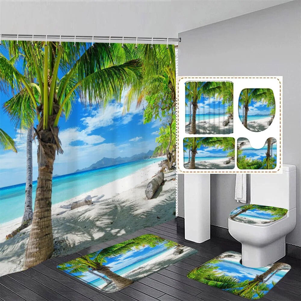 Coconut Trees Beach Shower Curtain Set Hawaiian Island Ocean Nature ...