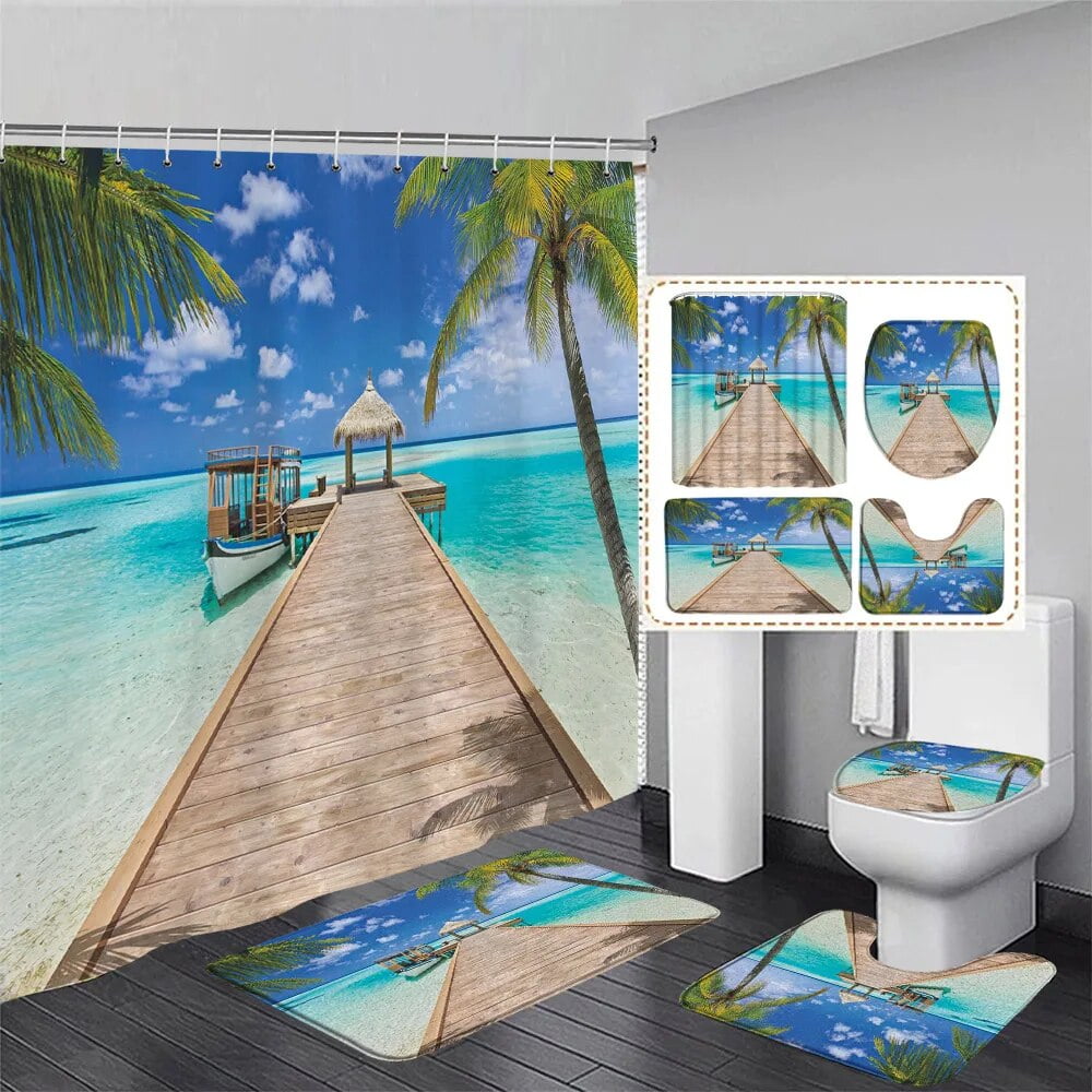 Coconut Trees Beach Shower Curtain Set Hawaiian Island Ocean Nature ...