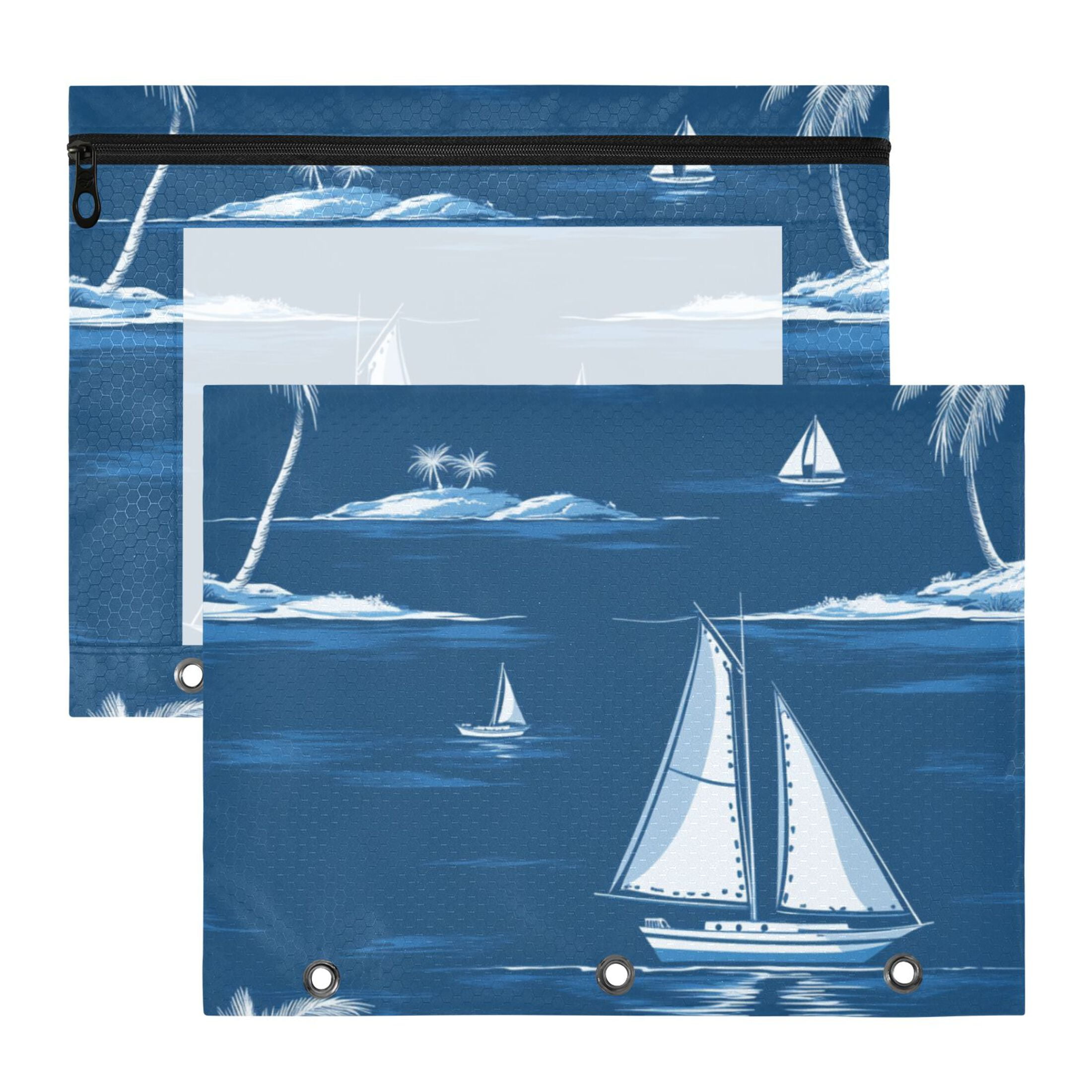 Coconut Trees Boats in Sea 3-Ring Binder Pouches A4 Size Zipper Pocket ...