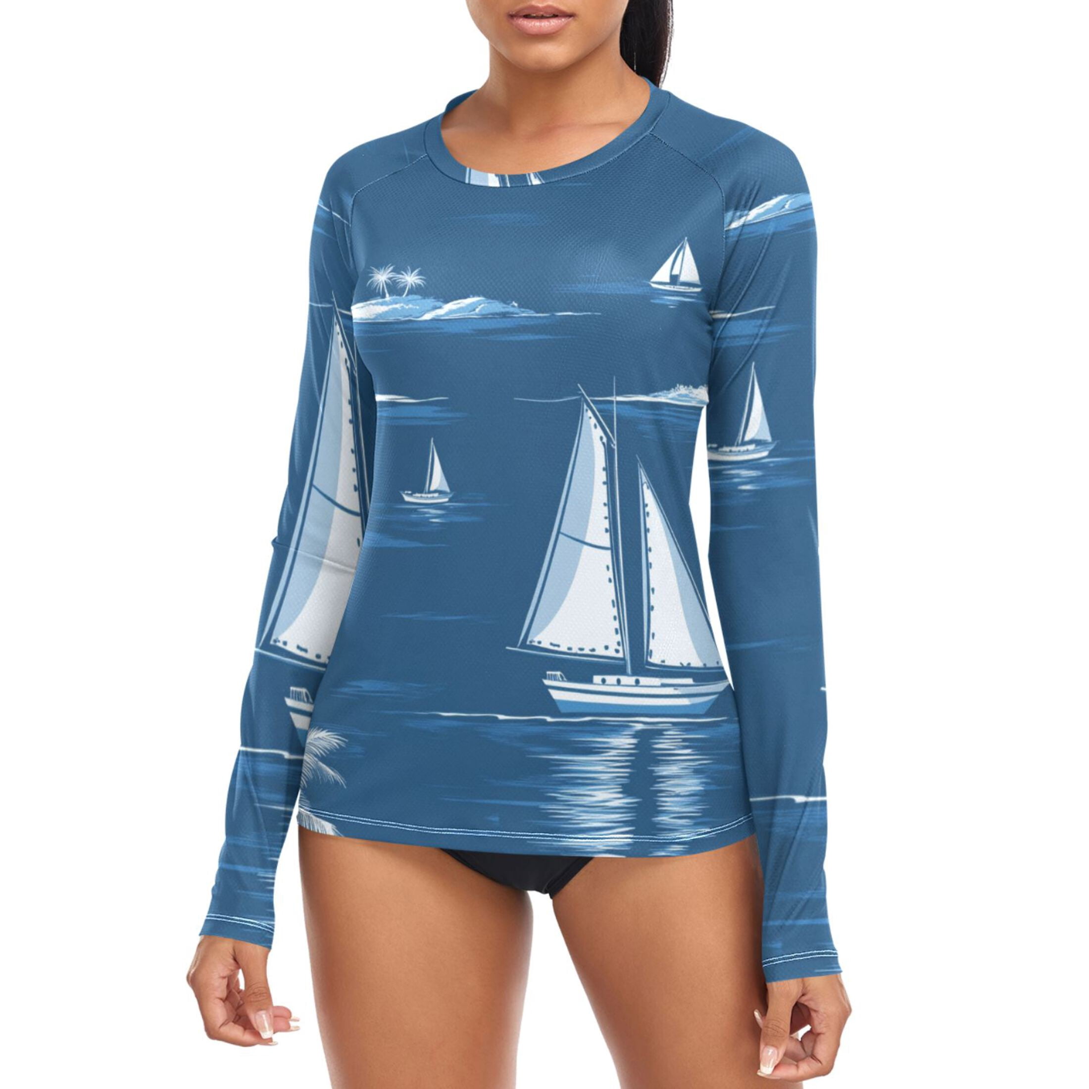 Coconut Trees Boats in Sea Women's Rash Guard Shirts UPF 50+ Sun ...