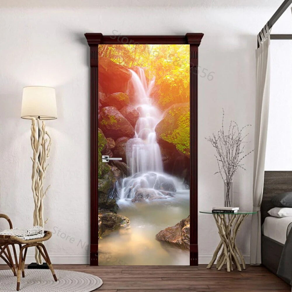 Coconut Trees Sea Door Wallpaper Sticker Adhesive PVC Flowing Water ...