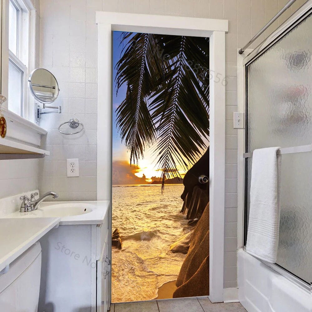 Coconut Trees Sea Door Wallpaper Sticker Adhesive PVC Flowing Water ...