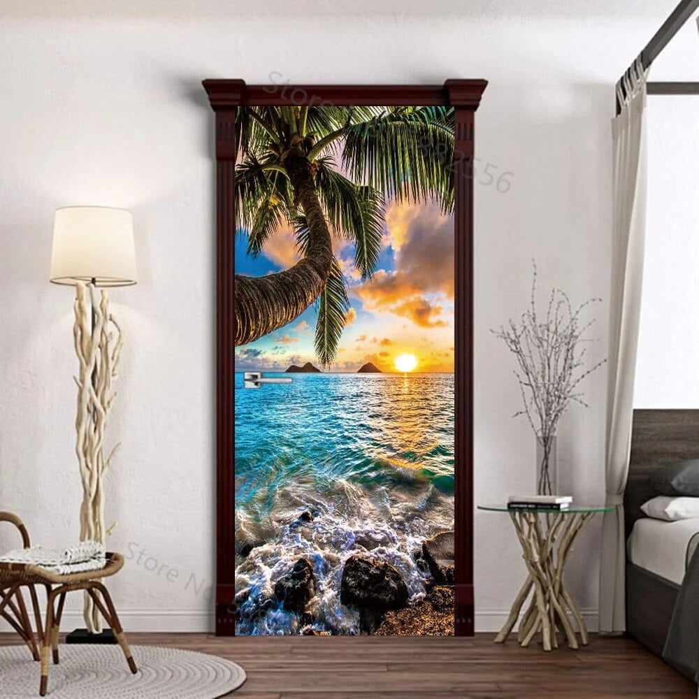 Coconut Trees Sea Door Wallpaper Sticker Adhesive PVC Flowing Water ...