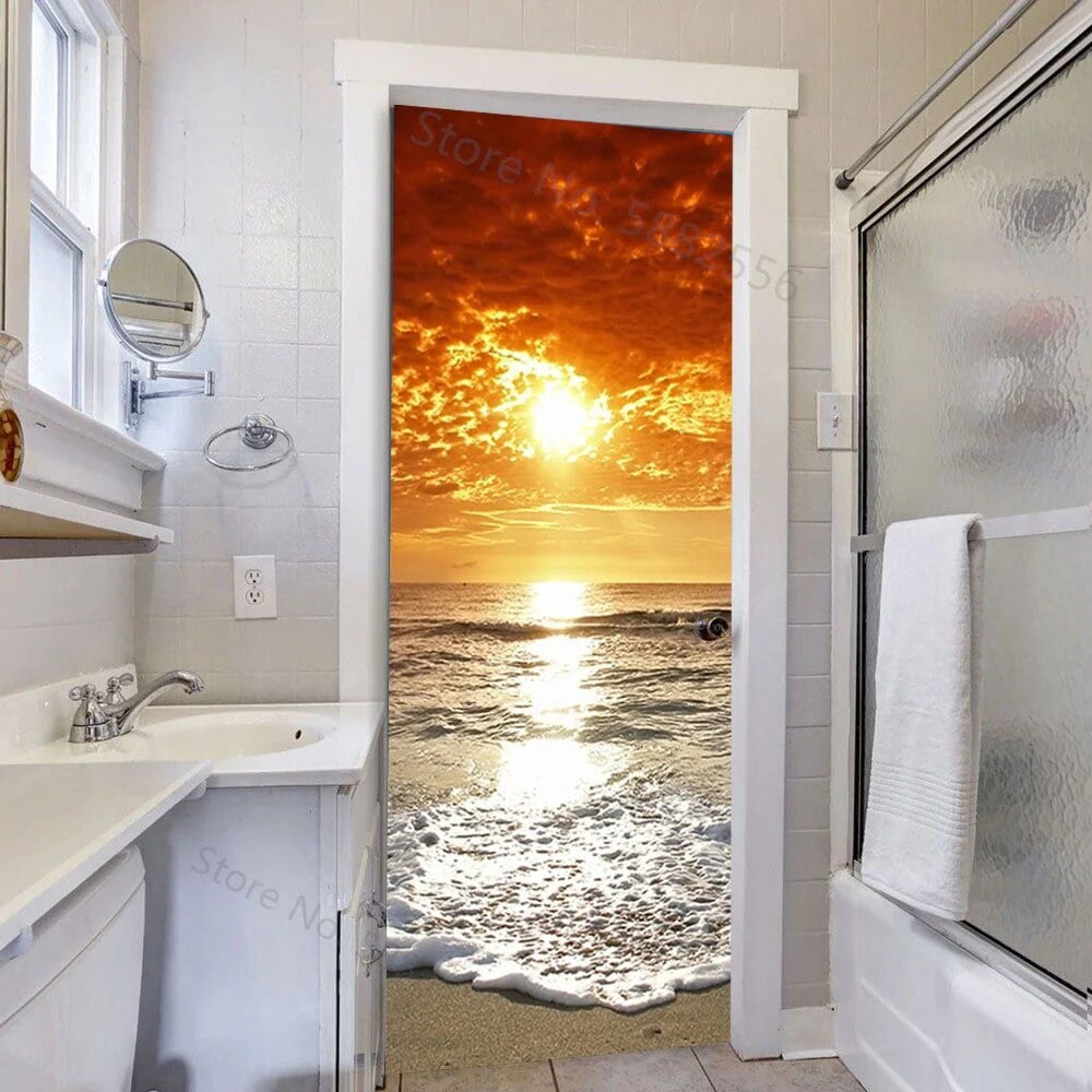 Coconut Trees Sea Door Wallpaper Sticker Adhesive PVC Flowing Water ...