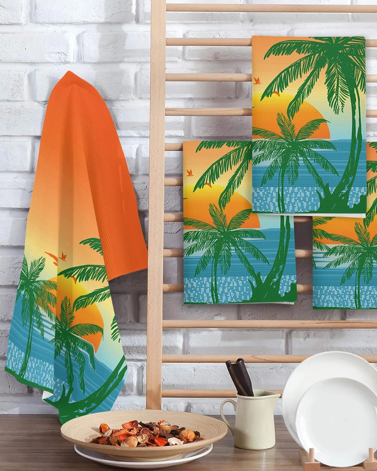 Coconut Trees Sunset Seagulls Sea Water 40*60cm Tea Towels Absorption ...