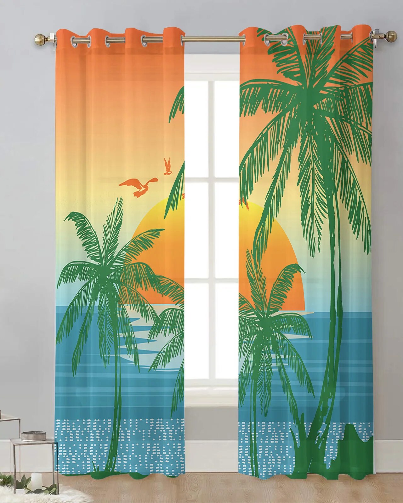Coconut Trees Sunset Seagulls Sea Water Modern Tulle Curtains Living ...