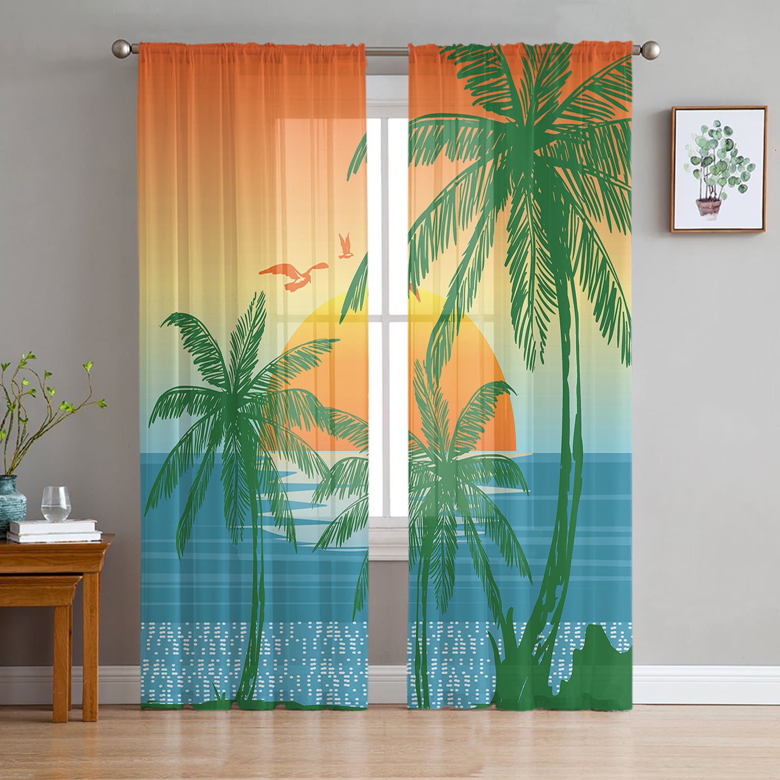 Coconut Trees Sunset Seagulls Sea Water Voile Sheer Curtains Living ...