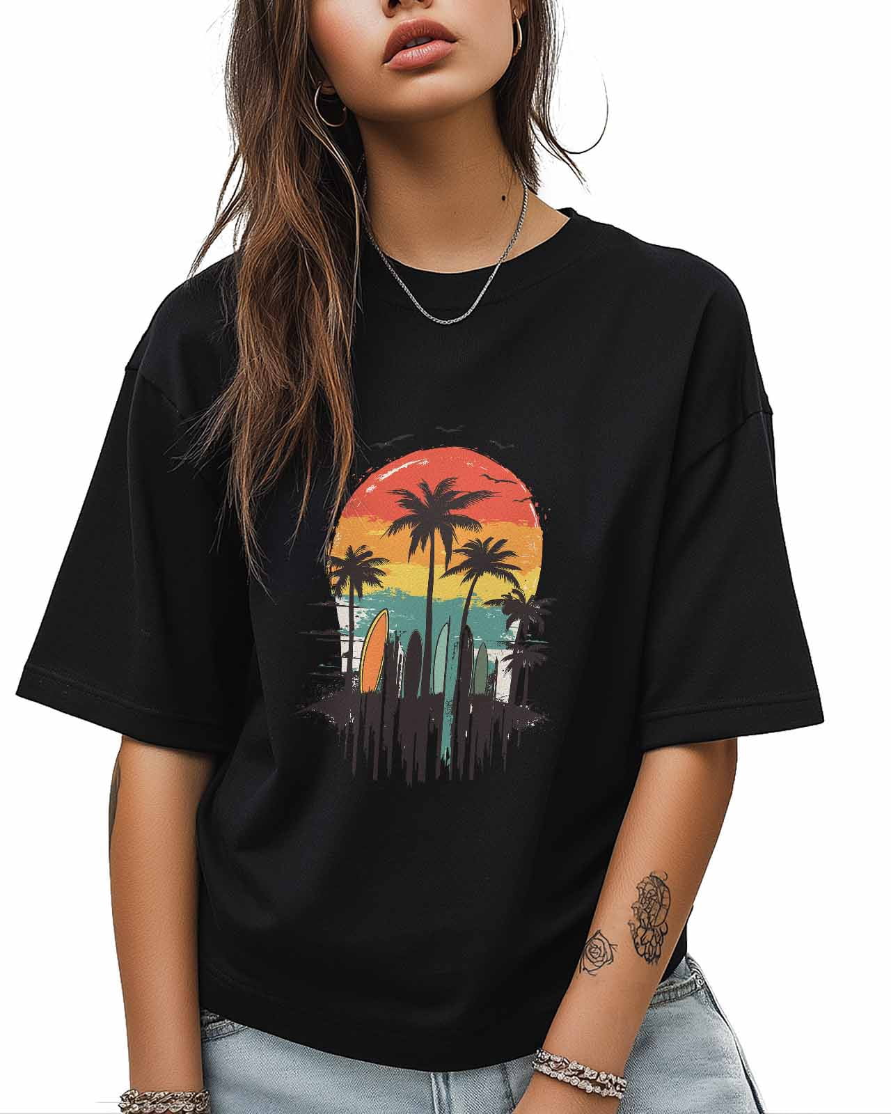 Coconut Trees Sunset T Shirts for Women Short Sleeve Cotton Crewneck T ...